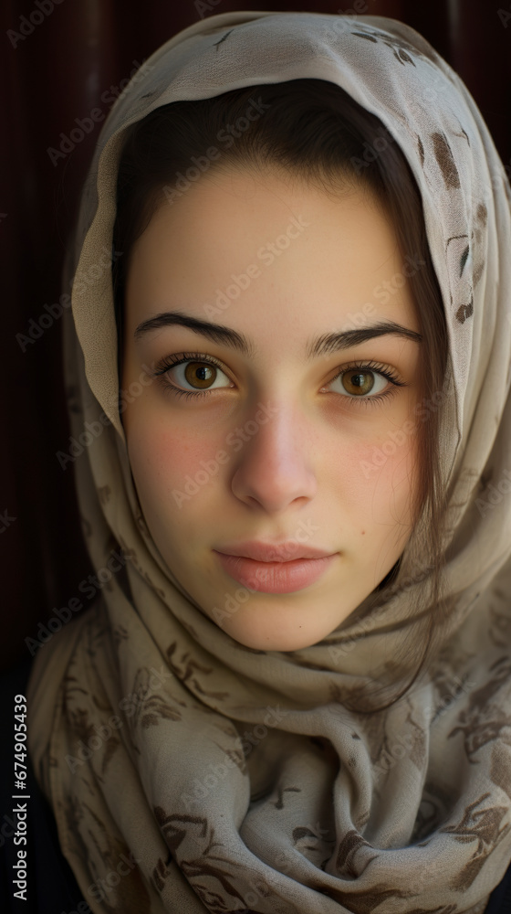 Portrait of a very pretty Palestinian woman with a sad face looking at ...