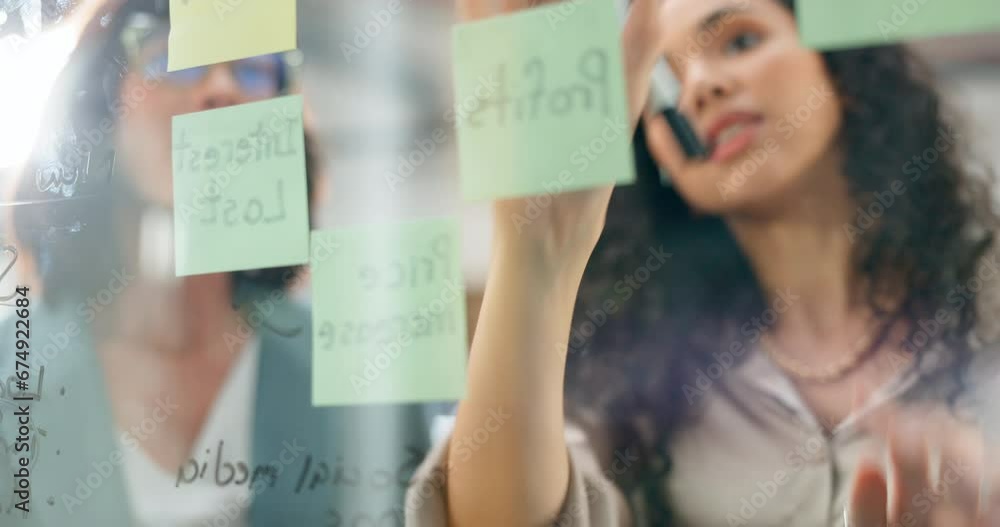 Sticky notes, business women and brainstorming, partnership and ...