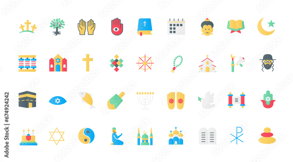 World religions flat icons set vector illustration. Symbols, holy books ...