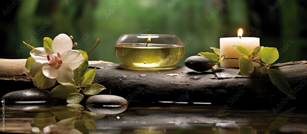 In the serene spa surrounded by the beautiful background of lush nature ...