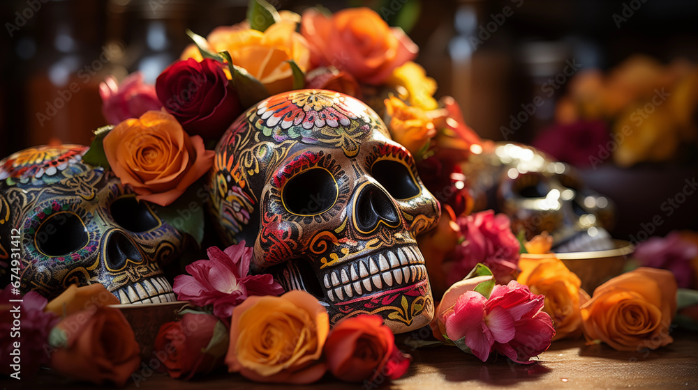 Day of the Dead Traditions: Elaborate sugar skulls and marigold flowers ...