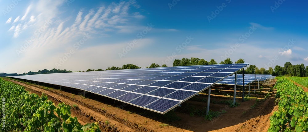 Farmland enhanced with agrivoltaics, where solar panels are ...