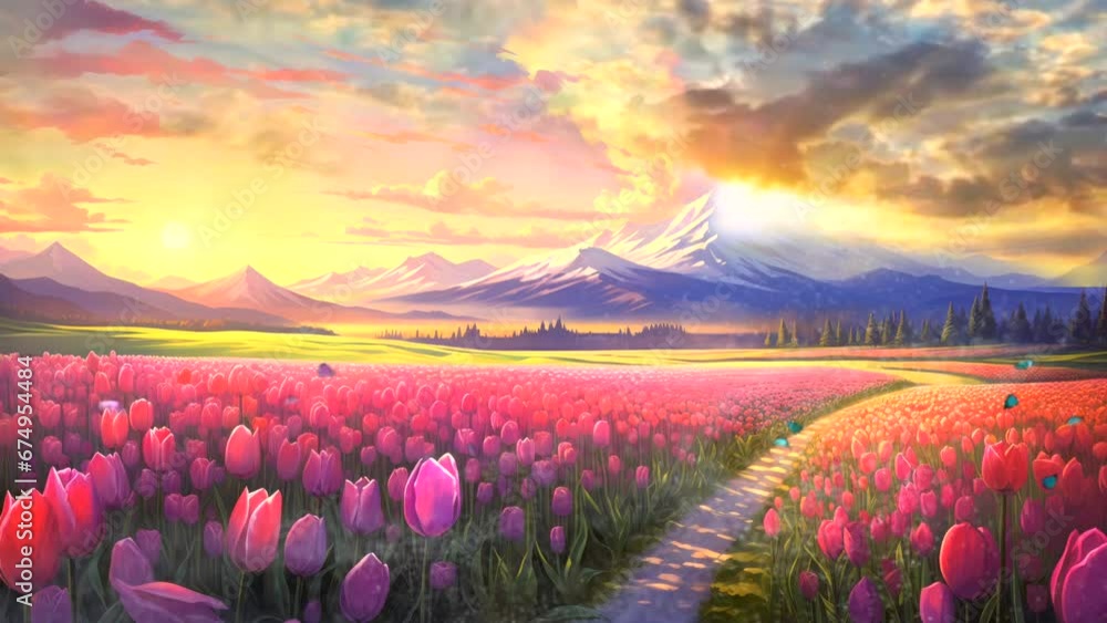 tulips flower field on sunset beautiful view animation video background ...