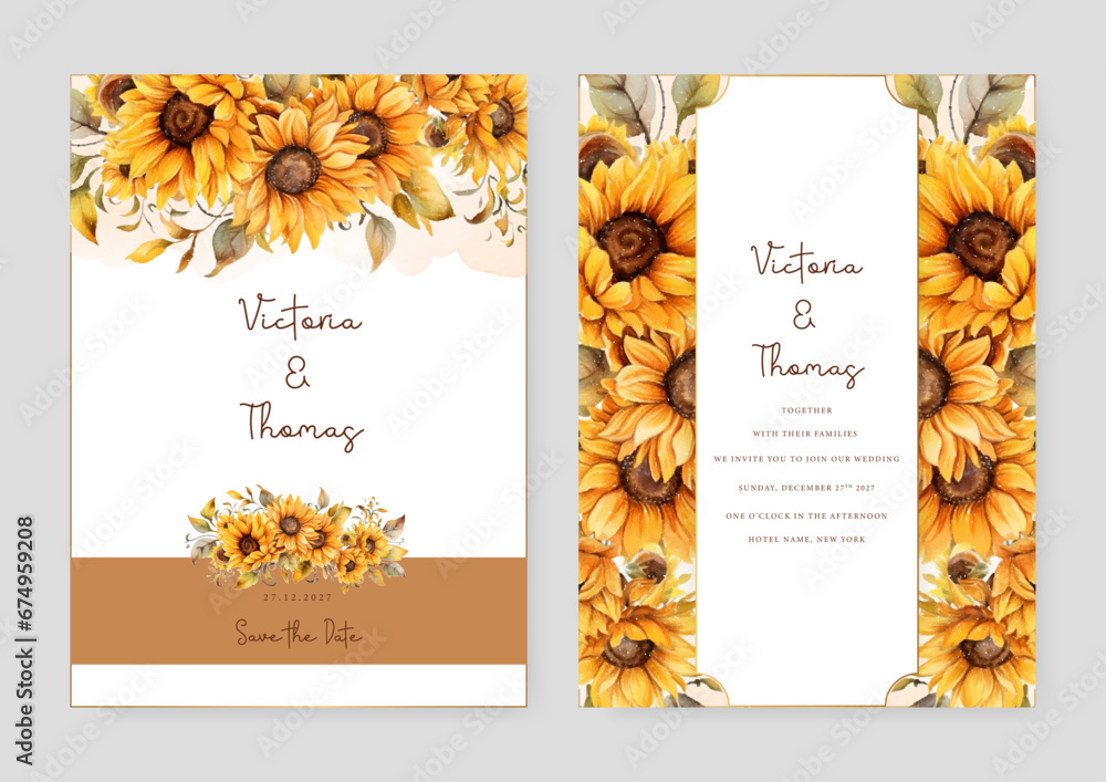 Yellow sunflower set of wedding invitation template with shapes and ...
