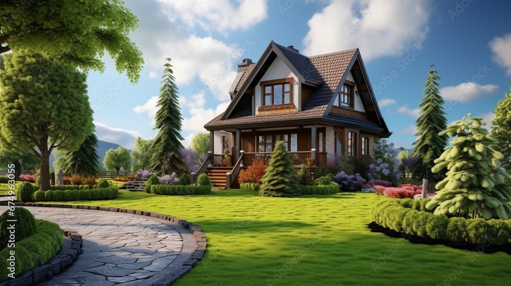 beautiful house with green lawn with nice grass. house in the field ...