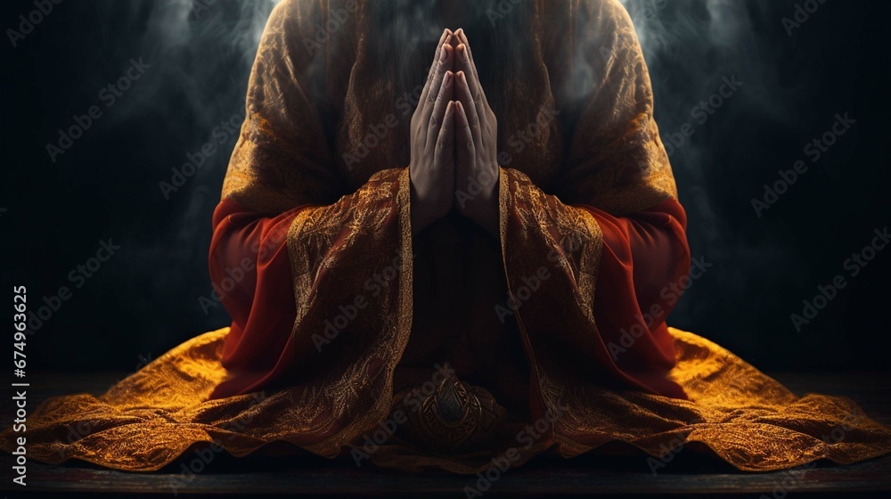 Praying hands with faith in religion and belief in God on dark ...