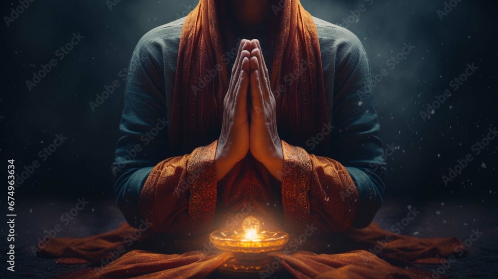 Praying hands with faith in religion and belief in God on dark ...