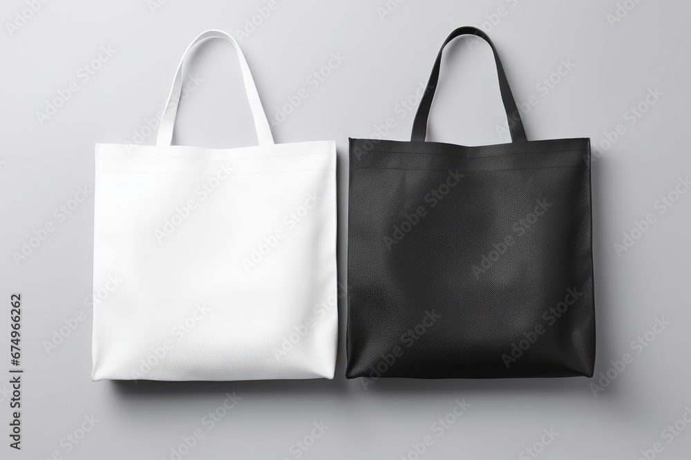 Minimalist Black And White Tote Bags On Gray Background Stock Photo