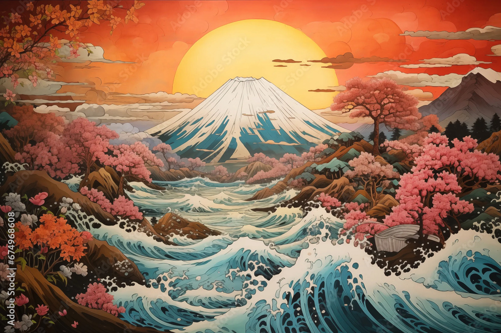 Japanese Landscape Painting Pink Trees or Sky Sunset Sunrise With ...