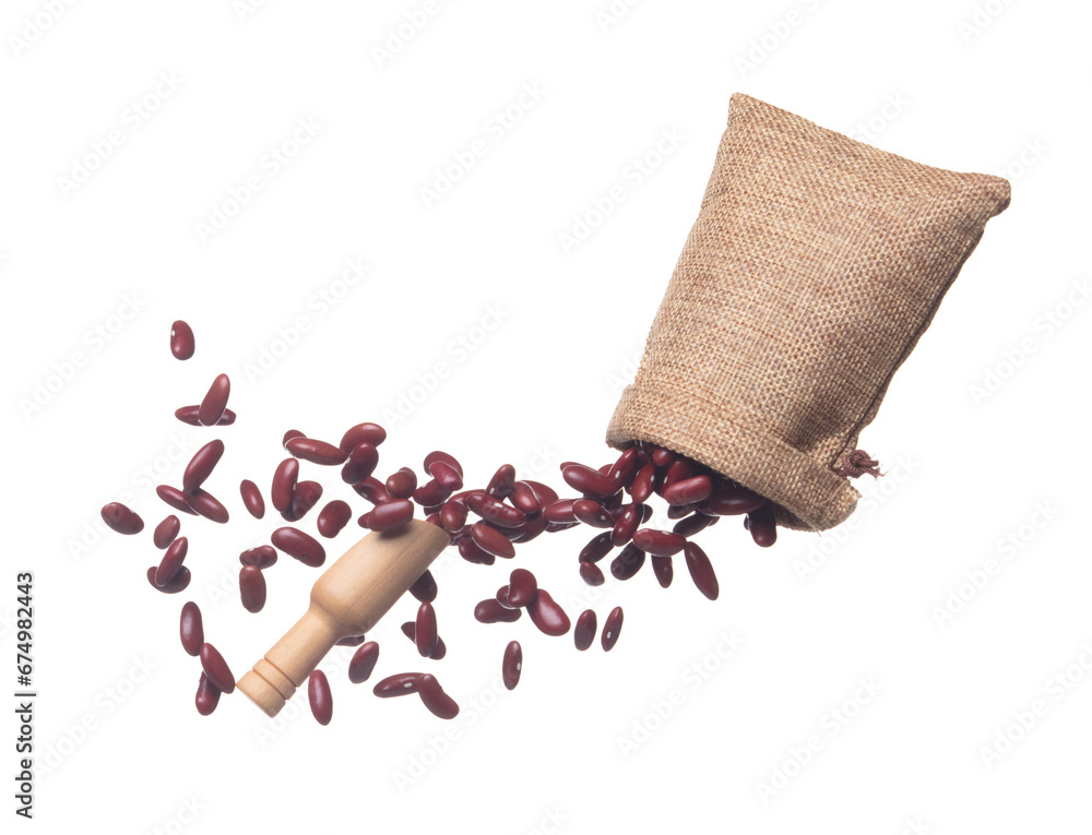 Red Bean flying explosion in sack bag, red grain beans explode abstract ...
