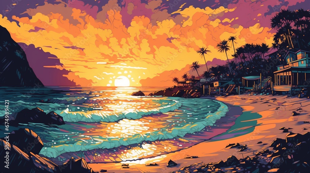 Colorized lilula beach oahu sunset pointillism painting wallpaper image ...