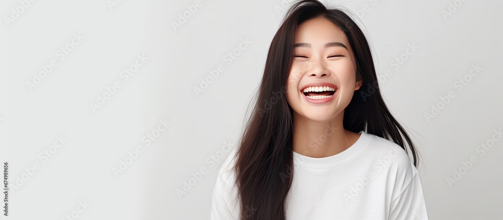 In the isolated white space a happy Chinese girl with a cute smile ...