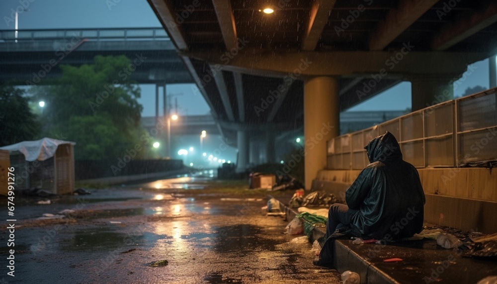 Homeless person sitting on a sidewalk under a bridge on a rainy evening ...