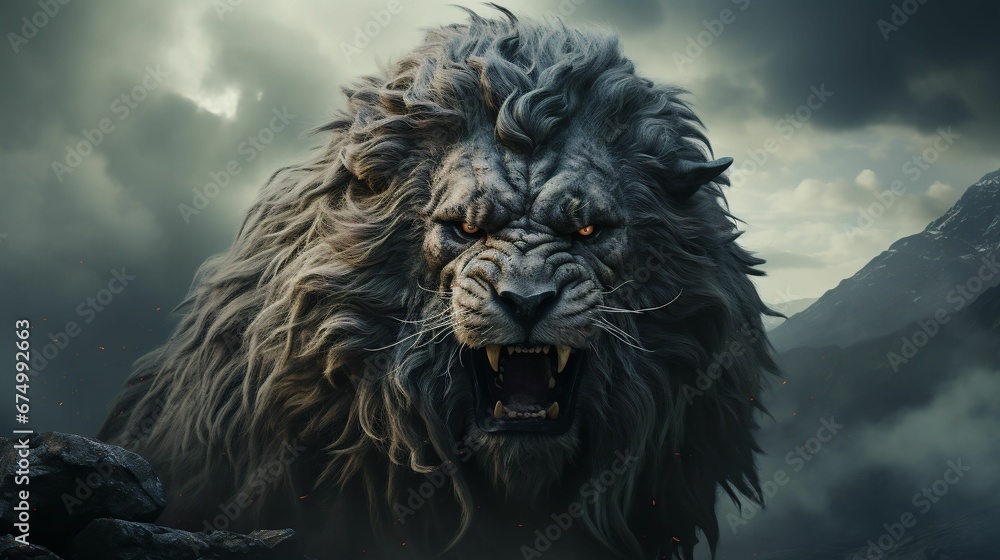 AI generated illustration of a roaring stone-built lion in an ...