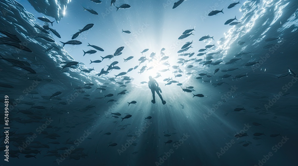 This image depicts an underwater scene viewed from below, showing a ...