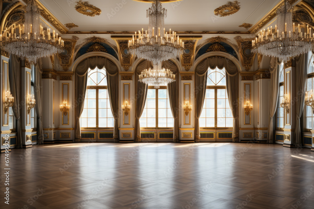 An elegant ballroom adorned with chandeliers, ready for a glamorous ...
