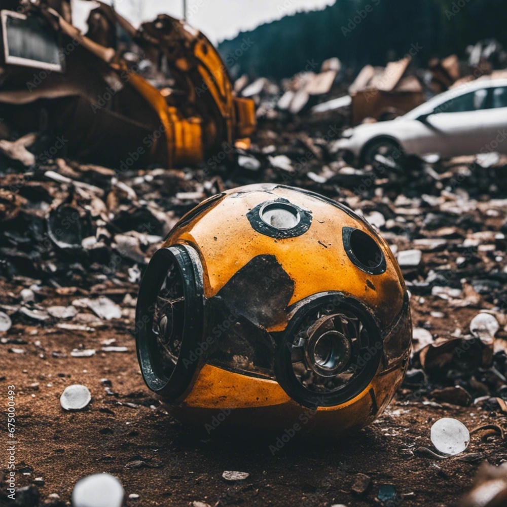 AI-generated illustration of an old metal sphere in a wrecking yard ...