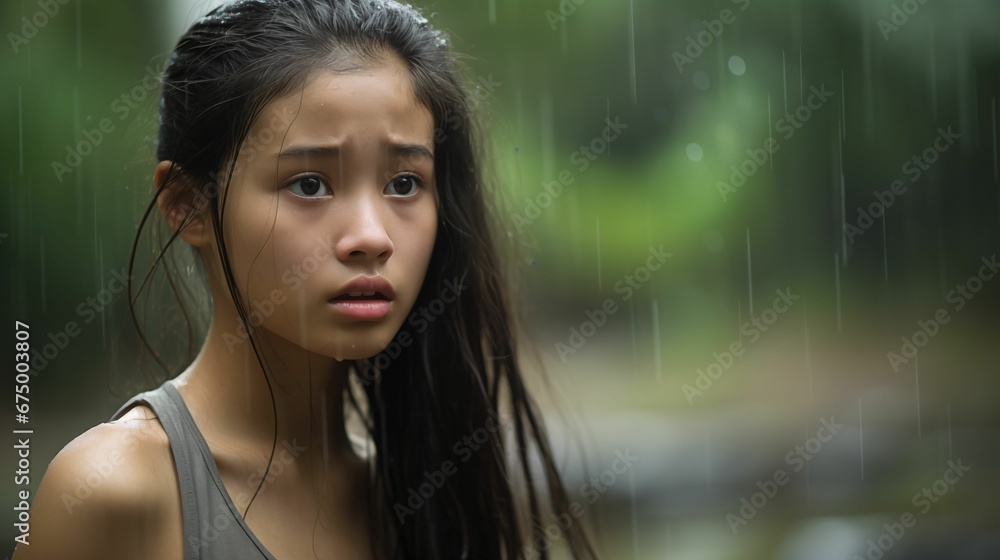 AI-generated illustration of a girl standing in the rain with a worried ...