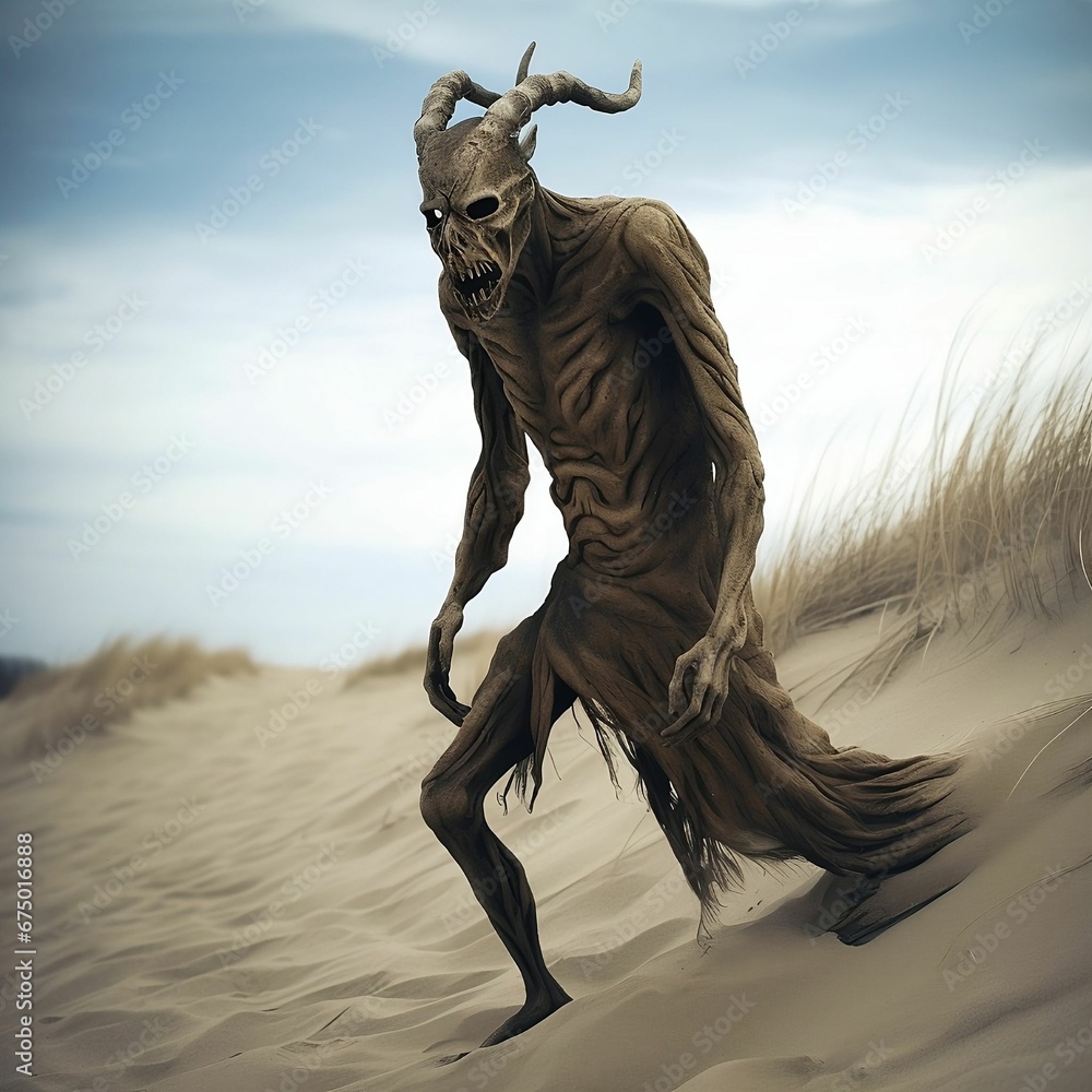 AI generated illustration of a mysterious boney wendigo walking on a ...