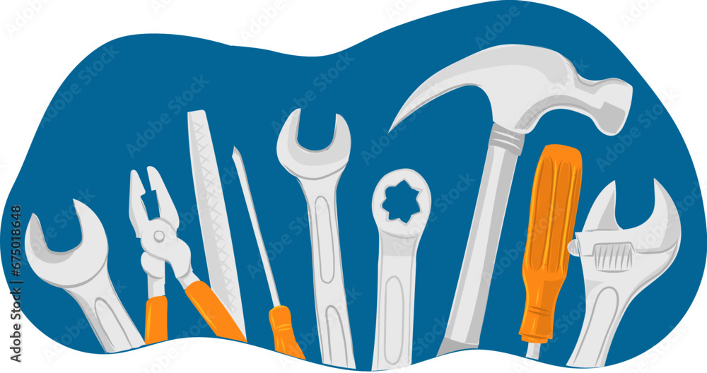 graphic illustration of various kinds of work equipment in one set ...