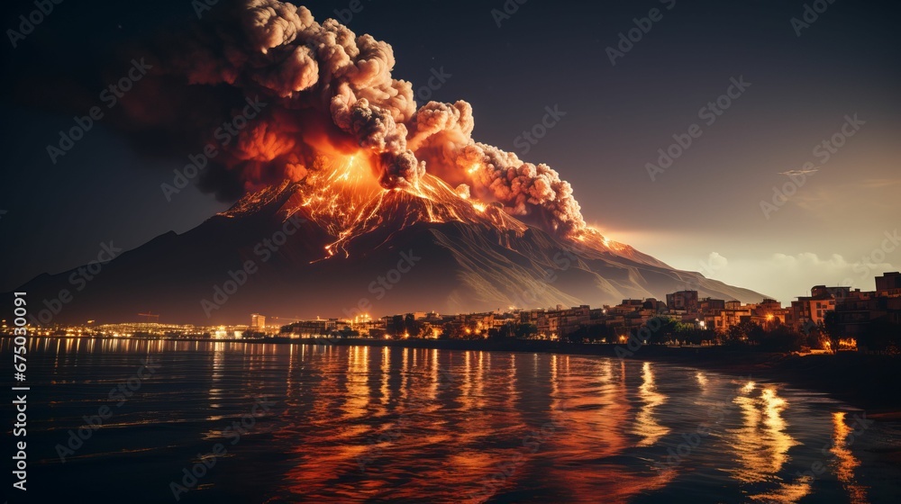 Stunning scene of an erupting volcano in a residential area. AI ...