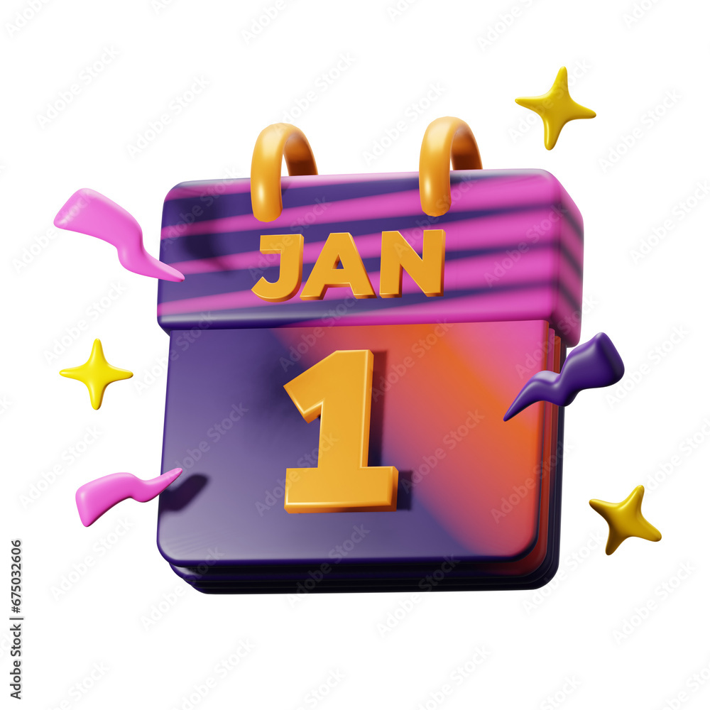 january 1 new year calendar with confetti 3d icon illustration render ...