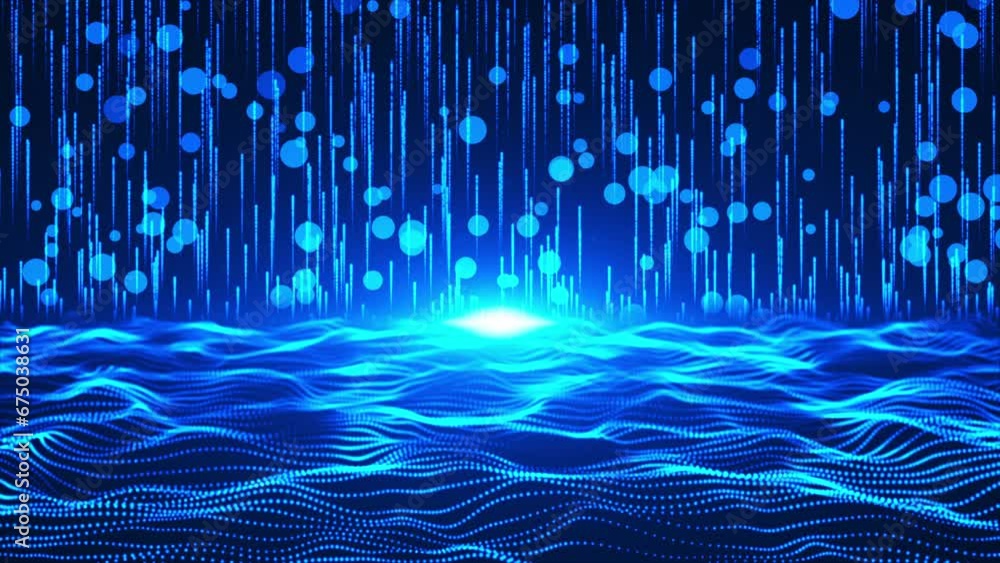 Digital particle wave background blue light and particles rising ...
