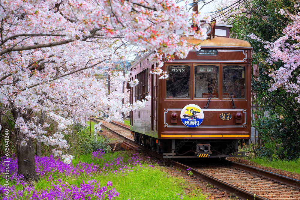 Kyoto, Japan - March 31 2023: Keifuku Tram is operated by Keifuku ...