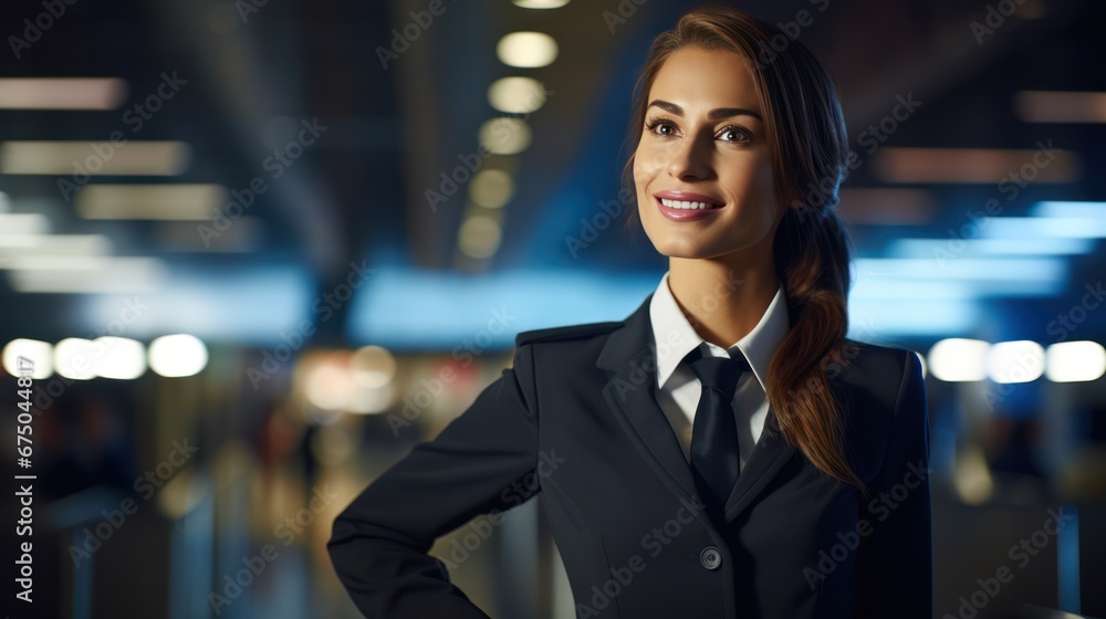 Smiling female flight attendant in uniform in aircraft cabin, Air ...
