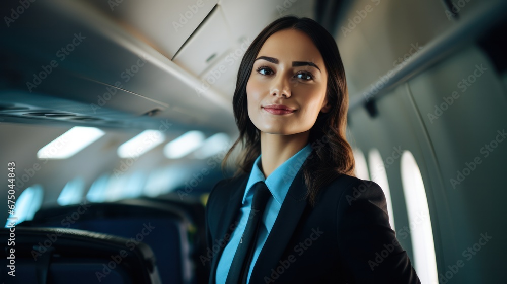 Smiling female flight attendant in uniform in aircraft cabin, Air ...