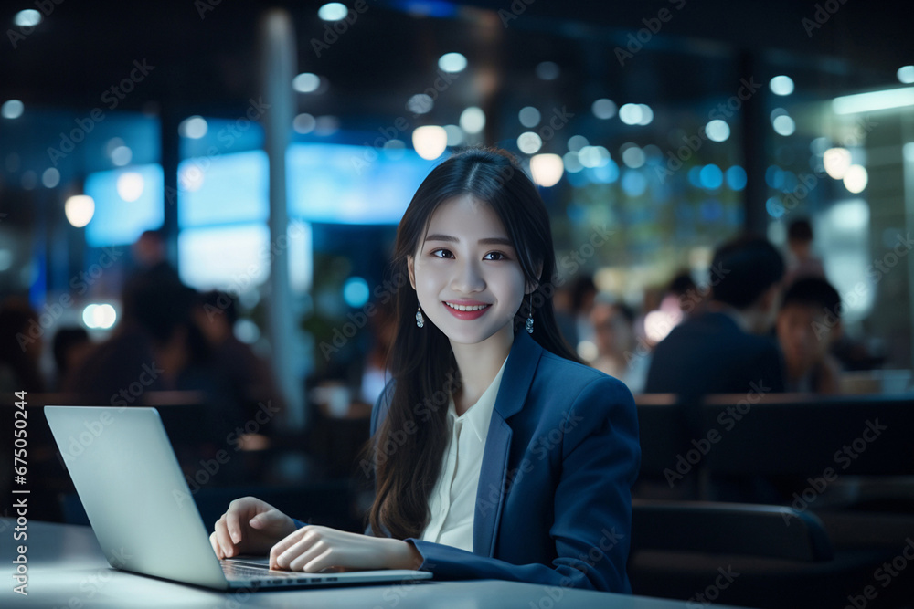 Asian office working girl with a radiant smile sits in front of her ...