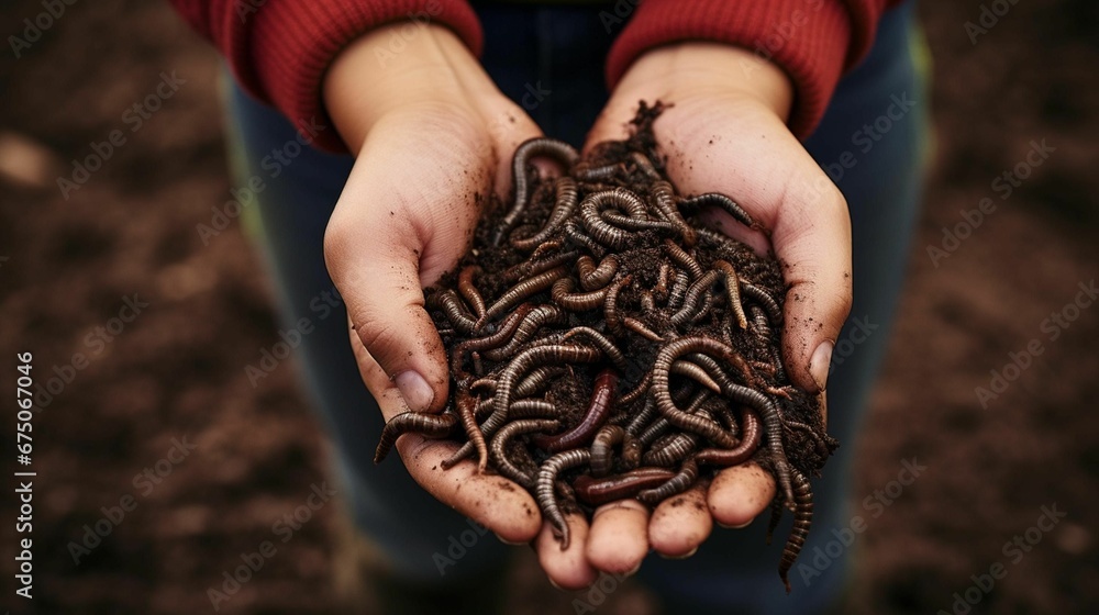 AI generated illustration of two hands clasping a handful of earthworms ...