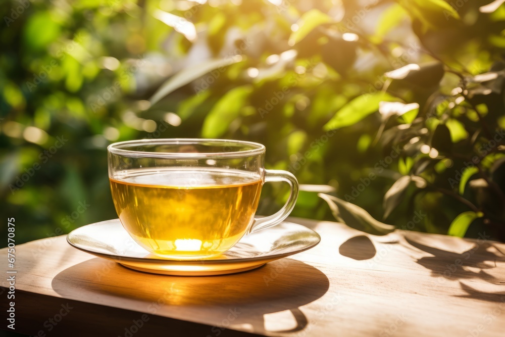 Morning sunlight illuminating a tranquil scene of a refreshing cup of ...