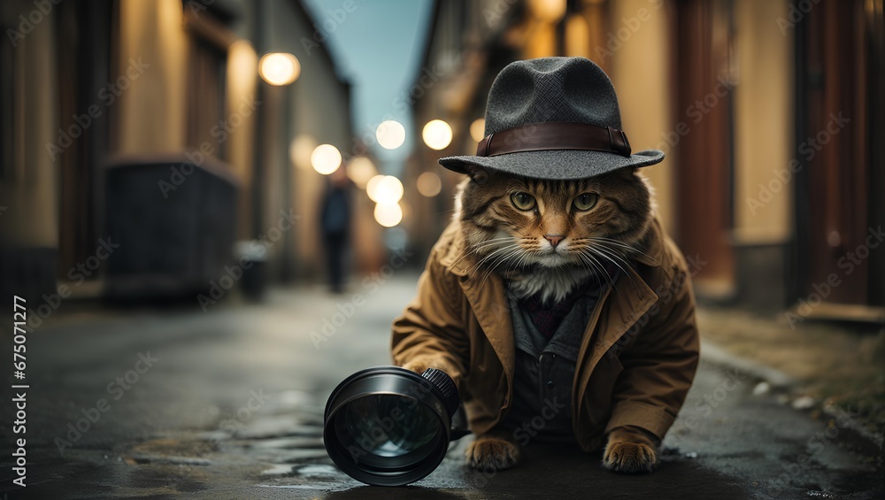 A curious cat with a detective hat is examining a magnifying glass ...