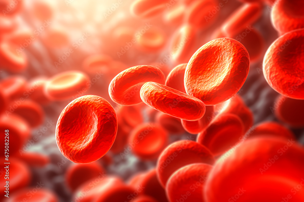 3D render depicting red blood cells in a vein with depth of field ...