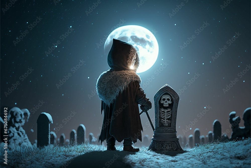 AI generated illustration of a baby grim reaper in the graveyard. Stock ...