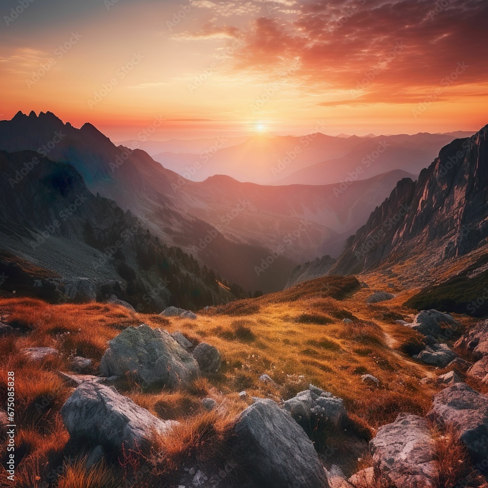 AI generated illustration of golden grassy hills under a sunset sky ...