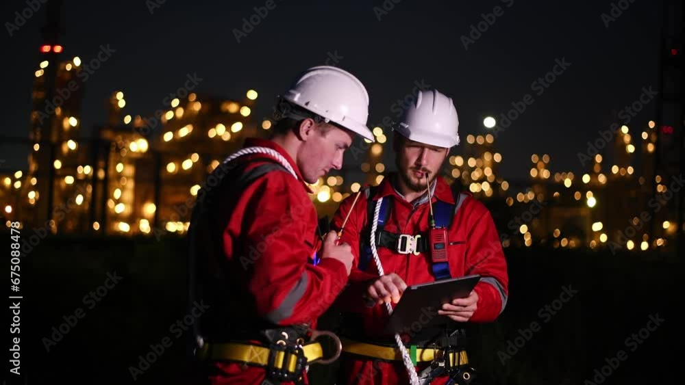 Engineer survey team wear uniform and helmet stand workplace checking ...