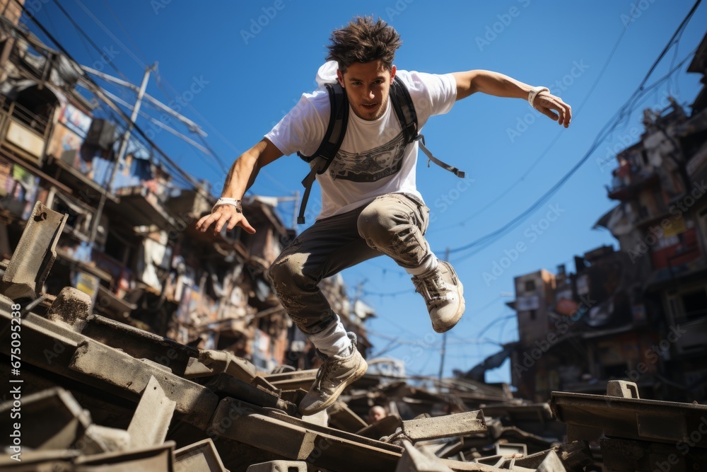 Parkour enthusiast demonstrating their balance and strength while ...