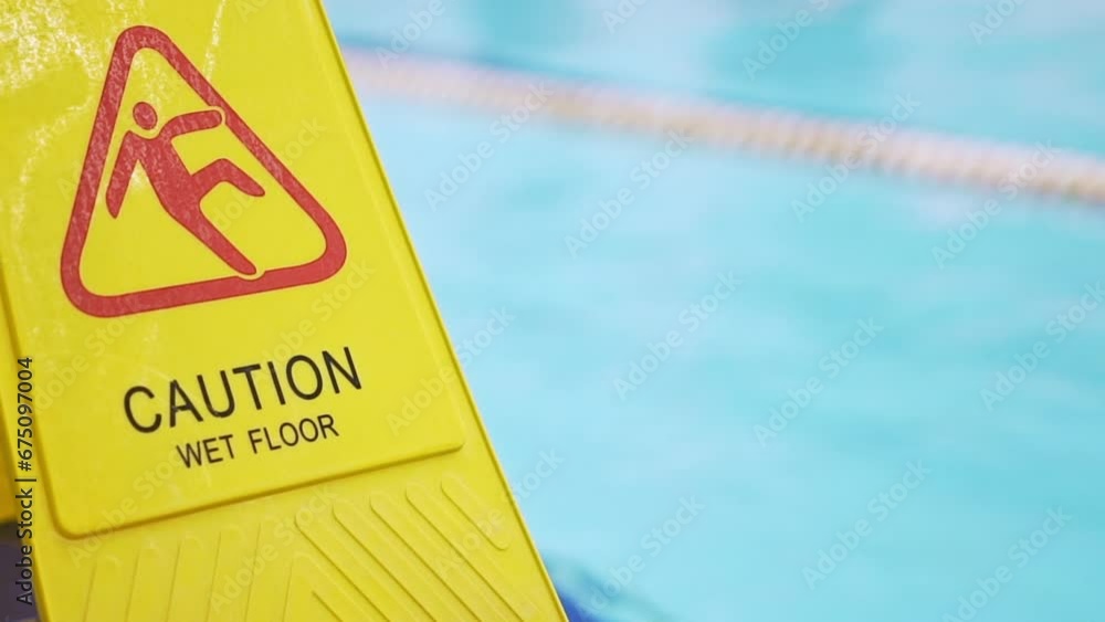 The inscription in English - carefully wet floor. Yellow plastic ...