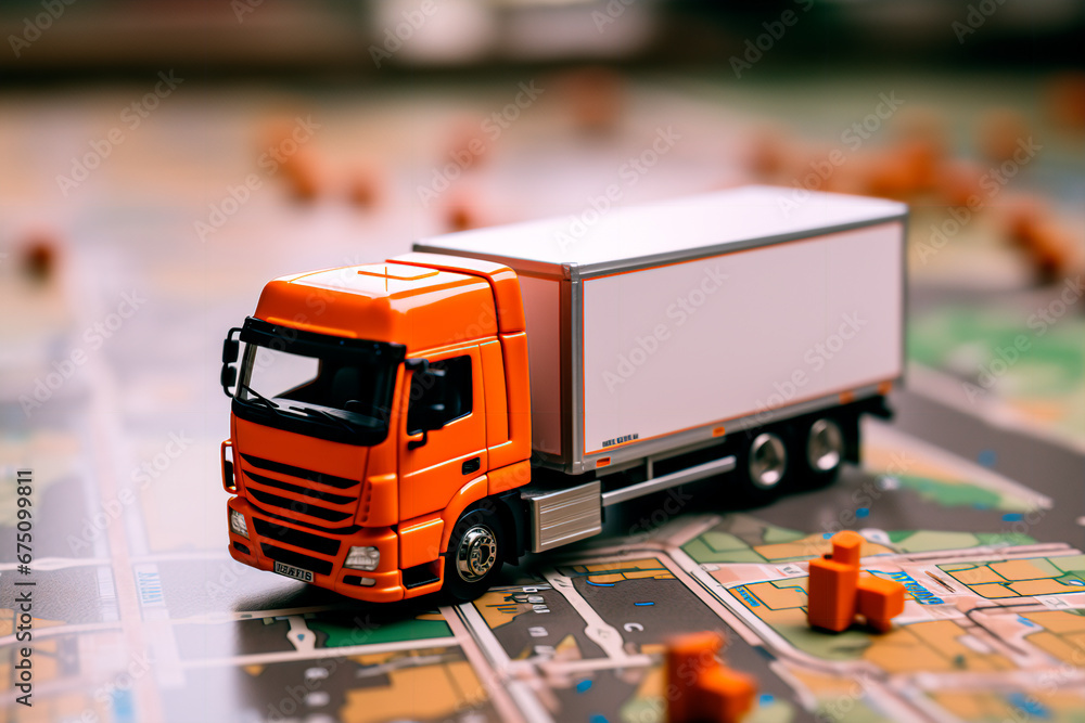 Top-down view of a moving truck with a cargo container tracked via GPS ...