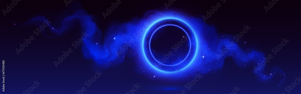 Neon blue circle in sparkling cloud of smoke. Vector realistic ...