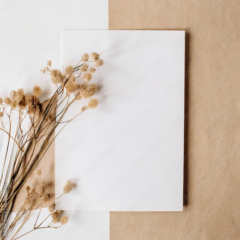 Blank vertical A4 paper on white and kraft paper background, invitation ...