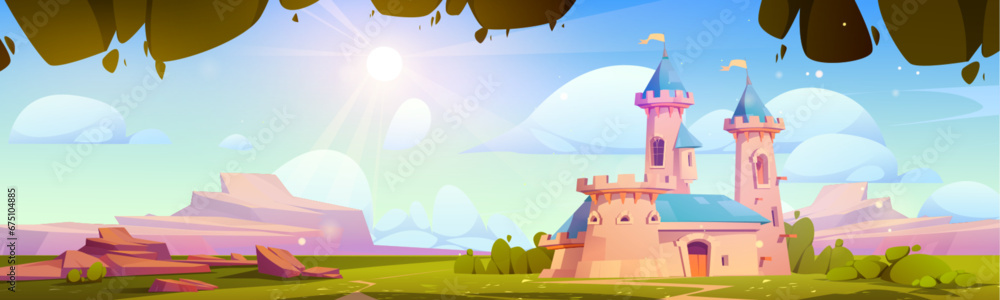Princess castle fairytale landscape background. Magic medieval fairy ...