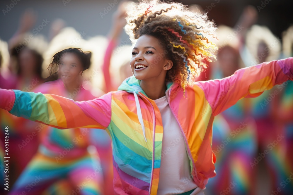 A happy girl with wavy hair, dressed in a rainbow-colored jacket ...