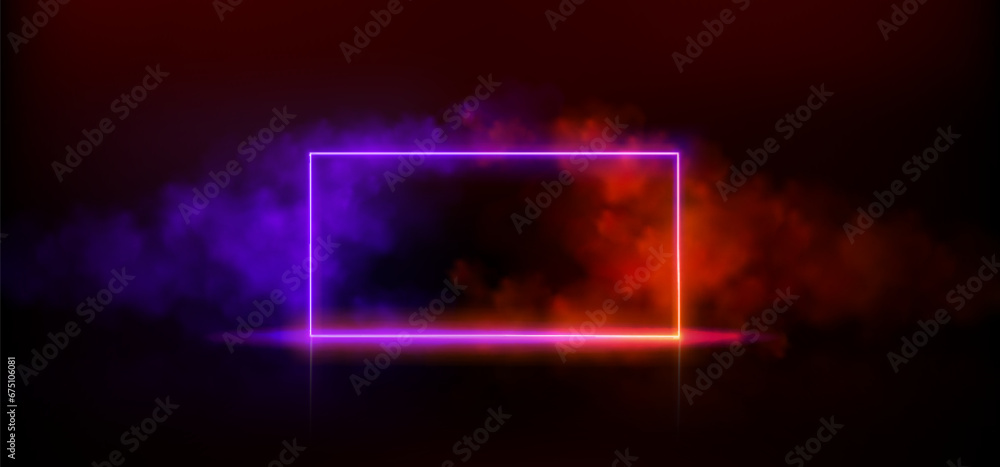 Neon futuristic door frame with luminous and fog. Realistic vector ...