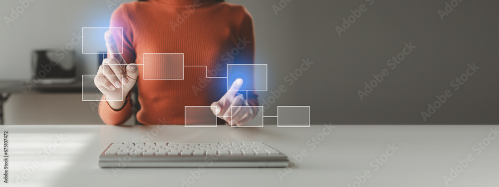 Person with hologram flowchart, businessman designing flowchart ...