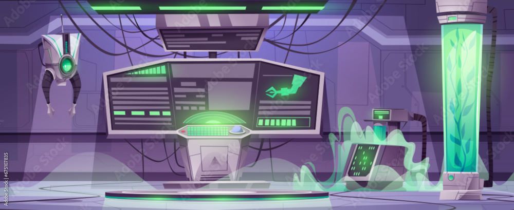 Cartoon scientific laboratory on spaceship interior with equipment and ...