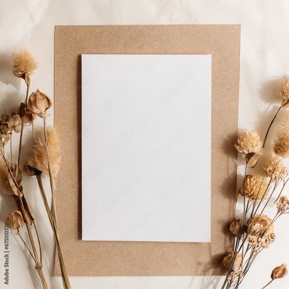 Blank vertical A4 paper on white and kraft paper background, invitation ...