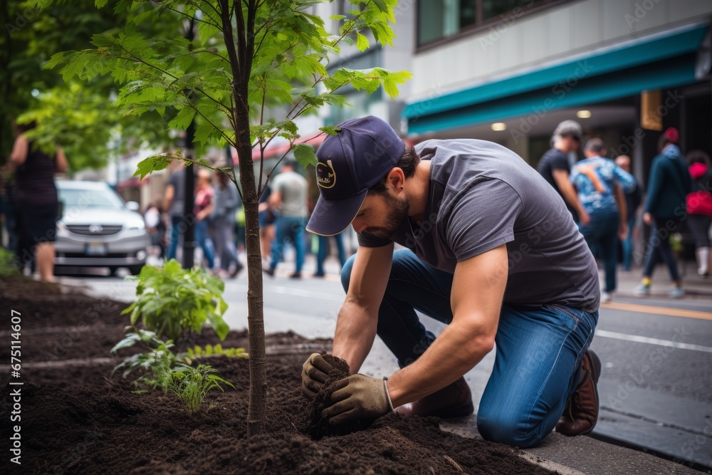 An individual planting a tree in the middle of a street in an urban ...